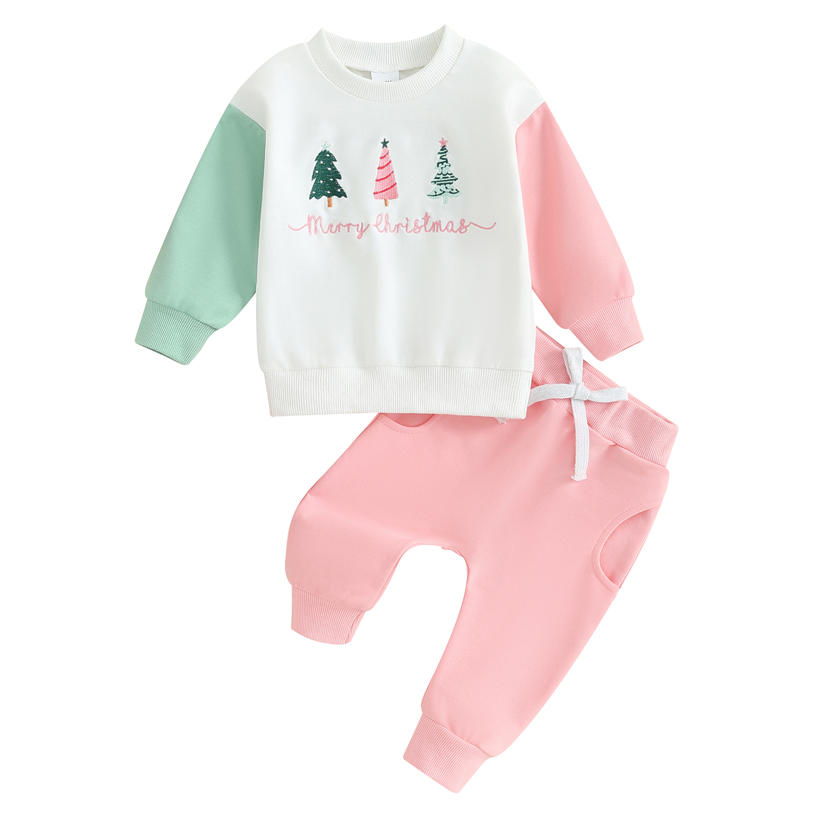 Conjunto de sudadera y pantalones de manga larga con bordado de árbol de Navidad para niñas ...